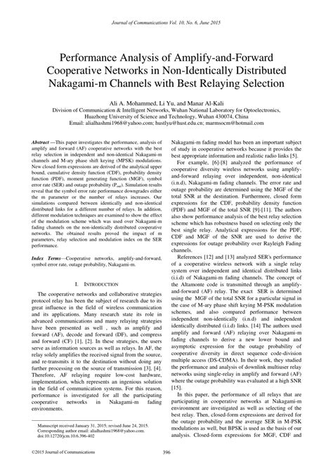 Pdf Performance Analysis Of Amplify And Forward Cooperative Networks In Non Identically