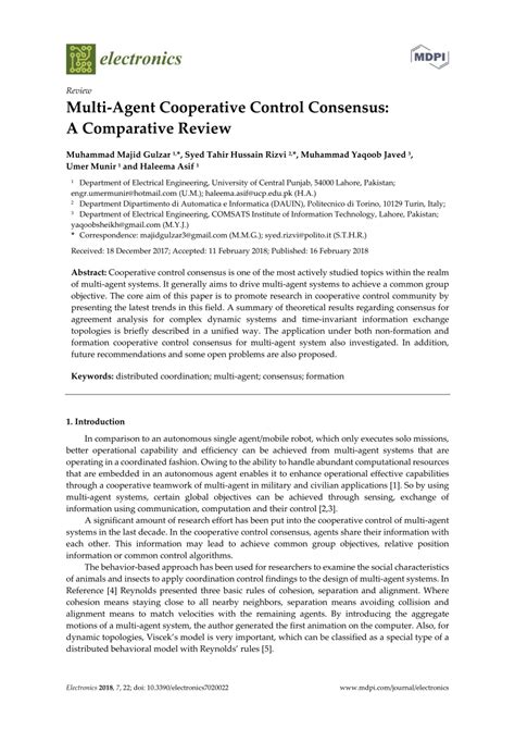 Pdf Multi Agent Cooperative Control Consensus A Comparative Review