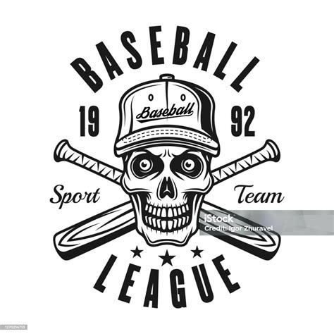 모자에 두개골과 흰색 흑백 그림에 고립 된 두 개의 교차 박쥐야구 벡터 엠블럼 배지 또는 로고 로고에 대한 스톡 벡터 아트 및 기타 이미지 Istock