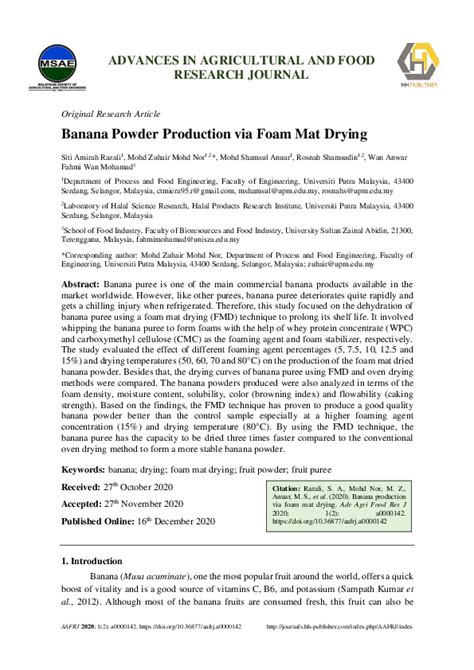 Pdf Banana Powder Production Via Foam Mat Drying Wan Anwar Fahmi Wan Mohamad