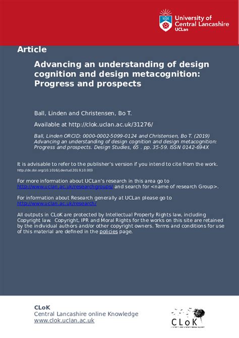 Pdf Advancing An Understanding Of Design Cognition And Design Metacognition Progress And