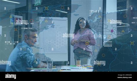 Image Of World Map And Data Processing Against Biracial Woman Giving A Presentation At Office