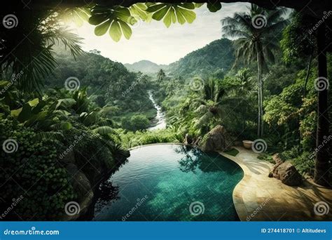 Swimming Pool With View Of Lush Tropical Landscape Stock Illustration