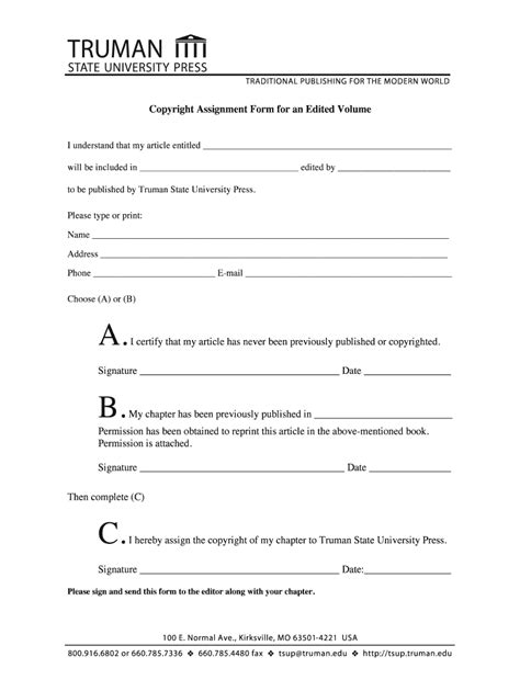 Copyright Assignment Form Truman State University Press Tsup Truman Fill Out And Sign Online
