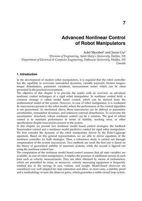Pdf Advanced Nonlinear Control Of Robot Manipulators