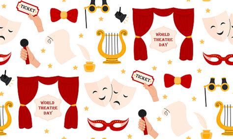 극장 완벽 한 패턴 극장 빨간 커튼 연극 코미디 및 드라마 마스크 티켓 거문고 극장의 날 배경 플랫 벡터 일러스트 레이 션 0