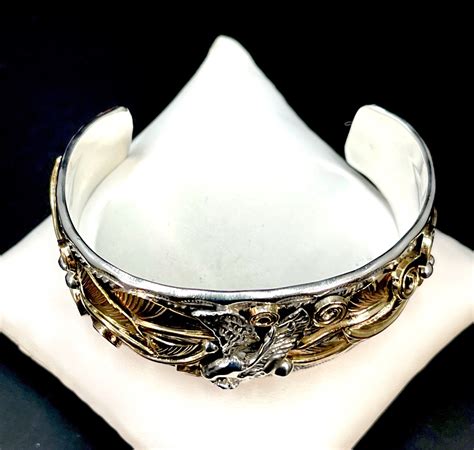 Signed Allen Chee Navajo Sterling Silver Gold Vermeil Flying Eagle Cuff