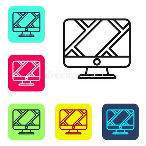 Black Line Computer Monitor And Folded Map With Location Marker Icon Isolated On White