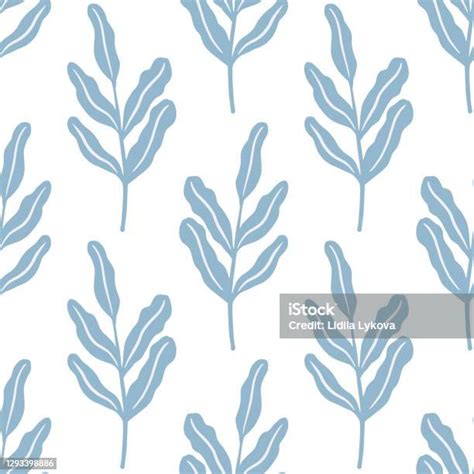흰색 배경에 낙서 간단한 잎 가지 파란색 장식과 고립 된 원활한 패턴 0명에 대한 스톡 벡터 아트 및 기타 이미지 0명 꽃 꽃의 구조 꽃 식물 Istock