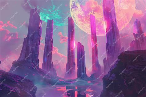 Futuristic Alien Landscape With Towering Structures And Glowing Moon