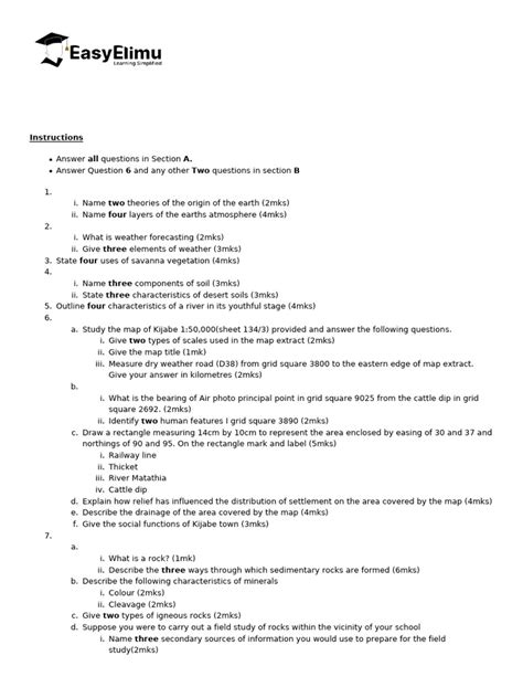 Hsgeography Paper 1 Questions And Answers Kcse Prediction Papers 2023 7653 Pdf Rock