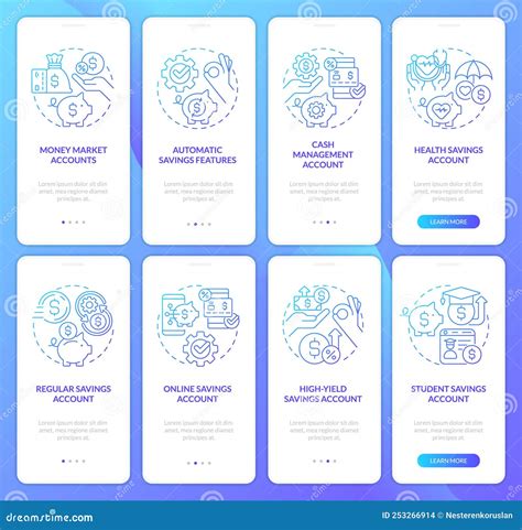 Saving Accounts Types Blue Gradient Onboarding Mobile App Screen Set Stock Vector Illustration