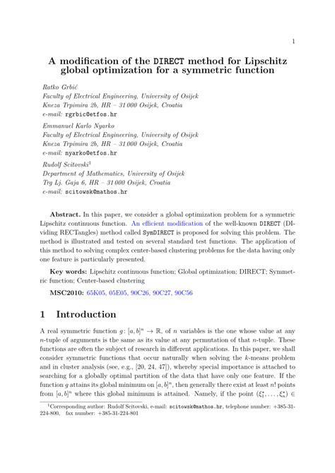 Pdf A Modification Of The Direct Method For Lipschitz Global Optimization For A Symmetric Function