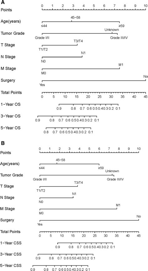 Nomograms For Predicting 1 3 And 5 Year A Os And B Css Of Patients