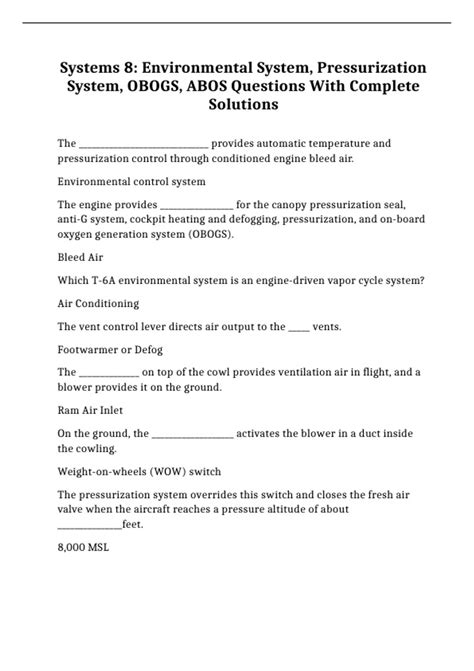Systems 8 Environmental System Pressurization System Obogs Abos Questions With Complete