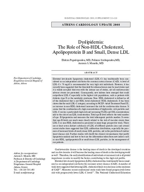Pdf Dyslipidemia The Role Of Non Hdl Cholesterol Apolipoprotein B And Small Dense Ldl