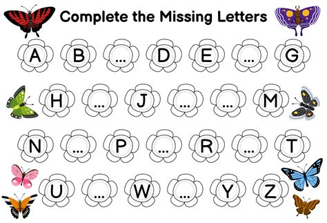 Education Game For Complete The Missing Letters With Cute Cartoon Butterfly Picture Printable