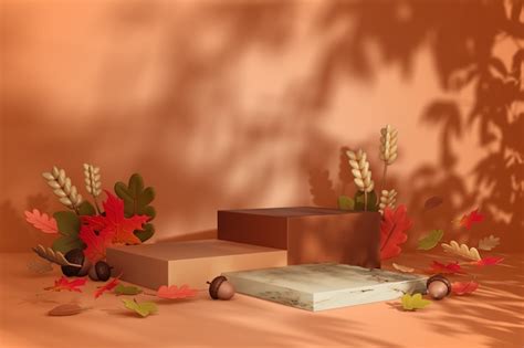 가을 판매 포디움 배경의 3d 렌더링 무료 Psd 파일
