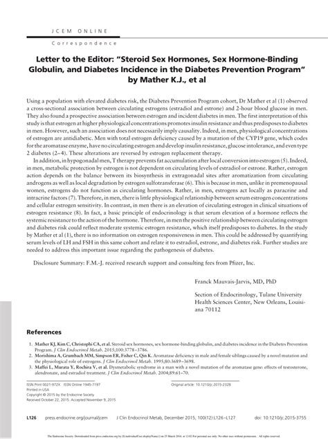 Pdf Letter To The Editor Steroid Sex Hormones Sex Hormone Binding Globulin And Diabetes