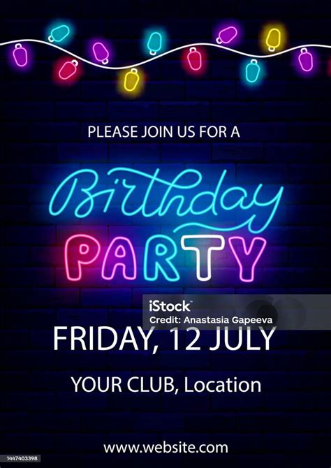 생일 파티 네온 초대장입니다 벽돌 벽에 전구 화환 수직 포스터 템플릿입니다 벡터 스톡 일러스트 초대장에 대한 스톡 벡터 아트 및