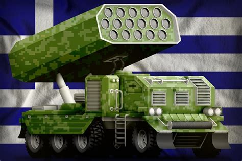 로켓 포병 그리스 국기 배경에 녹색 픽셀 위장 미사일 발사대 3 차원 일러스트 레이 션 교통수단에 대한 스톡 사진 및 기타 이미지 교통수단 군사 그리스 Istock