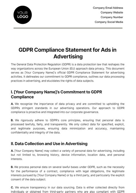 Free Gdpr Compliance Statement For Ads In Advertising Template To Edit