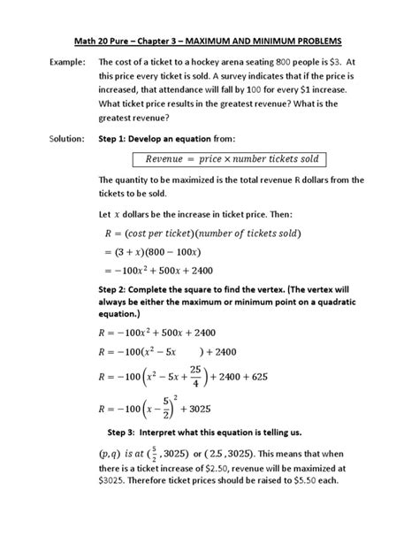 Math 20 1 Max And Min Problem Worksheet Pdf Maxima And Minima