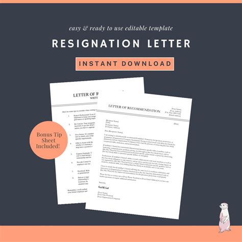 Editable Resignation Letter Template And Bonus Tip Sheet Instant Download Etsy