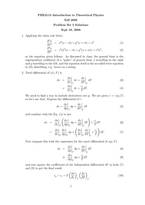 Solutions To Problem Set 3 Introduction To Theoretical Physics Phz 3113 Docsity