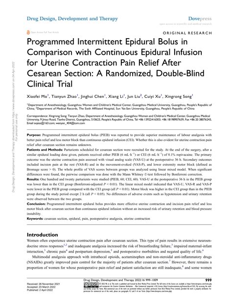 Pdf Programmed Intermittent Epidural Bolus In Comparison With Continuous Epidural Infusion For