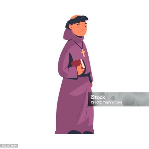 중세의 남자 사제 또는 수도사 십자가를 들고 두건이 달린 가운을 입고 성경 벡터 삽화 사제에 대한 스톡 벡터 아트 및 기타 이미지 사제 천주교 남자 Istock