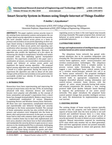 Irjet Smart Security System In Homes Using Simple Internet Of Things Enabler Pdf
