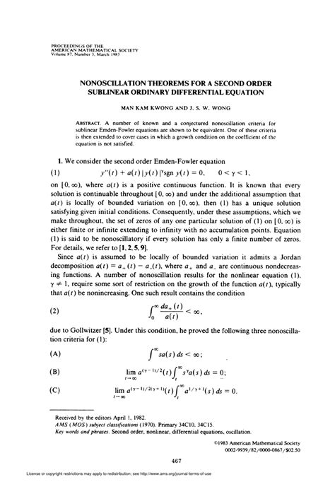 Pdf Nonoscillation Theorems For A Second Order Sublinear Ordinary Differential Equation