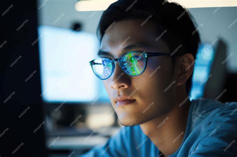 Code Asian Man And Reflection In Glasses Focus And Programming For