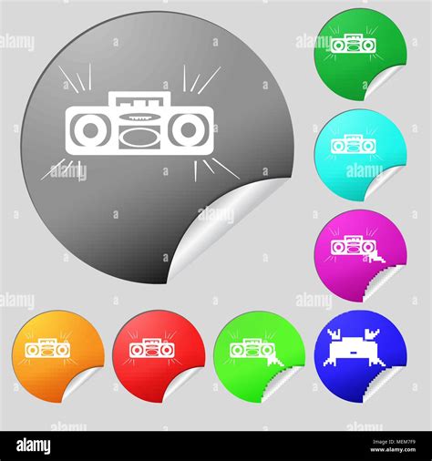 Radio Cassette Player Icon Sign Set Of Eight Multi Colored Round Buttons Stickers Vector