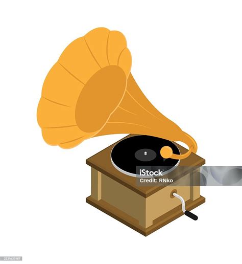 아이소메트릭 클래식 축음기 사운드 녹음을 재생하기 위한 오래된 장치 대형 금속 혼과 베이스 비닐용 회전 플랫폼 흰색 배경에 고립 된 사실적인 3d 벡터 개념 1940년에