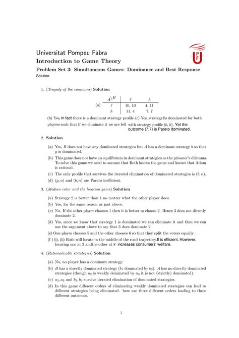 Problem Set 3 Solutions Universitat Pompeu Fabra Introduction To Game