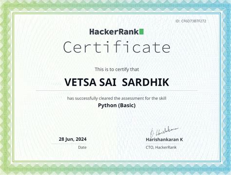 vetsa sai sardhik on linkedin certificate hackerrank python achievement programming skills…