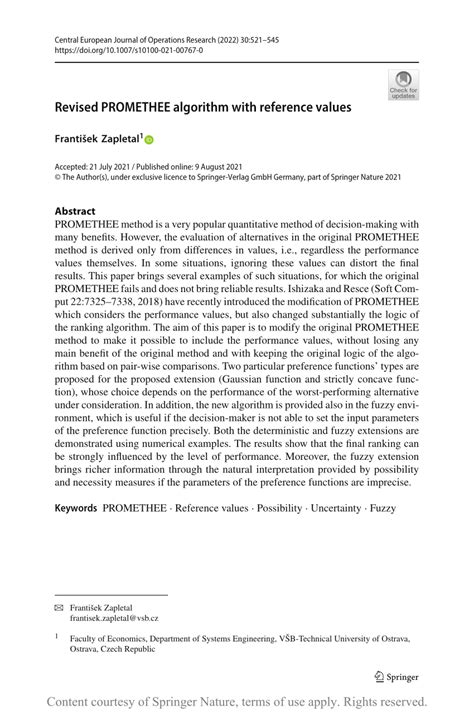 Revised Promethee Algorithm With Reference Values Request Pdf