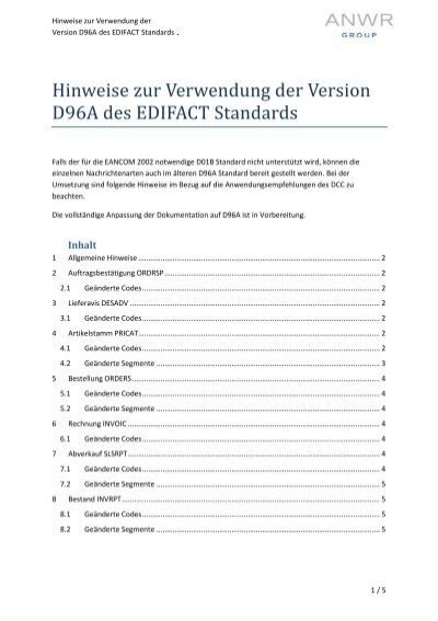 Hinweise Zur Verwendung Der Version D96a Des Edifact Standards