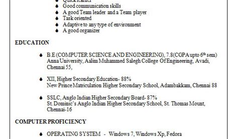 Resume Format For Cse Freshers Be Cse Resume Format For Freshers