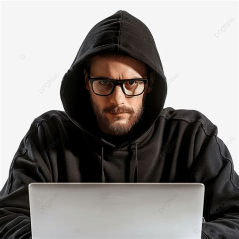 Hacker In Black Glasses With A Laptop Network Hacking Hacker Glasses