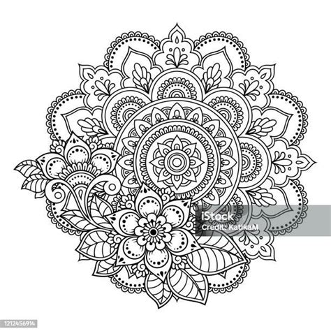 헤나 멘디 문신 장식에 대한 꽃 만다라의 형태로 원형 패턴 민족 동양 스타일의 장식 장식 개요 낙서 손 그리기 벡터 그림입니다 0명에 대한 스톡 벡터 아트 및 기타 이미지