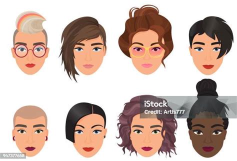 여자 여성 아바타 벡터 일러스트 레이 션을 설정합니다 다른 패션 머리 스타일으로 현대 Multiethic 아름 다운 젊은 여자의 초상화 금발 머리에 대한 스톡 벡터 아트 및