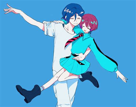 Safebooru 1boy 1girl Amate Yuzuriha Aqua Shirt Aqua Skirt Belt Blue