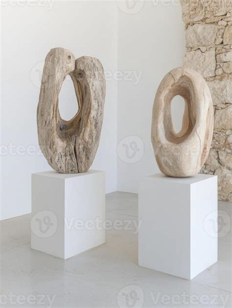 Two Abstract Wooden Sculptures On White Pedestals In A Gallery 55875017