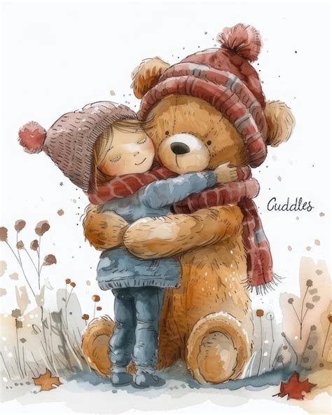 A Drawing Of A Teddy Bear Hugging A Girl Premium AI Generated Image