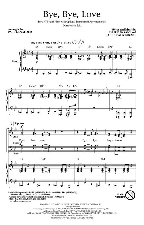 Bye Bye Love By R Charles Choir Sheet Music Cd