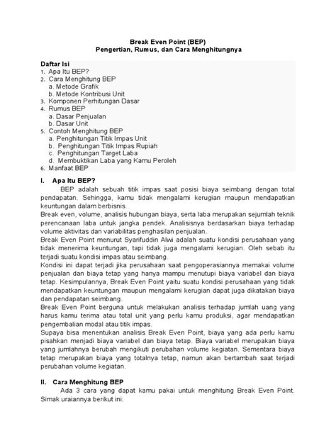 Break Even Point Bep Pdf
