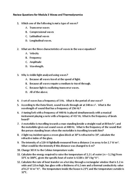 Review Questions For Module 3 Waves And Thermodynamics Review Questions For Module 3 Waves And